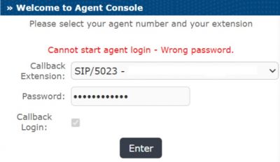 Cannot start agent login - Wrong password. - Call Manager Support